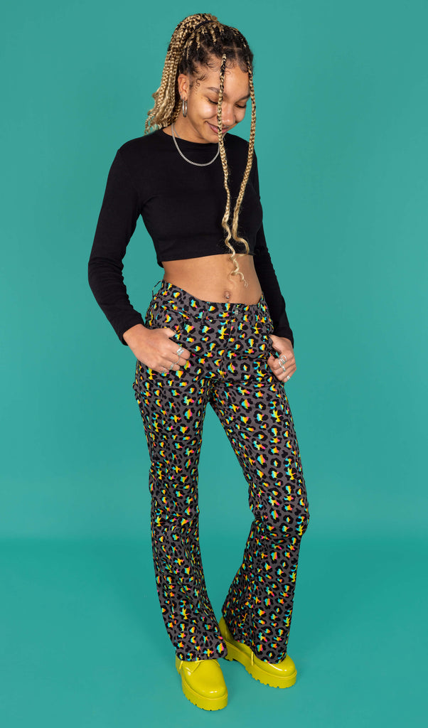 Grey Rainbow Leopard Print Bell Bottom Flares – Run and Fly